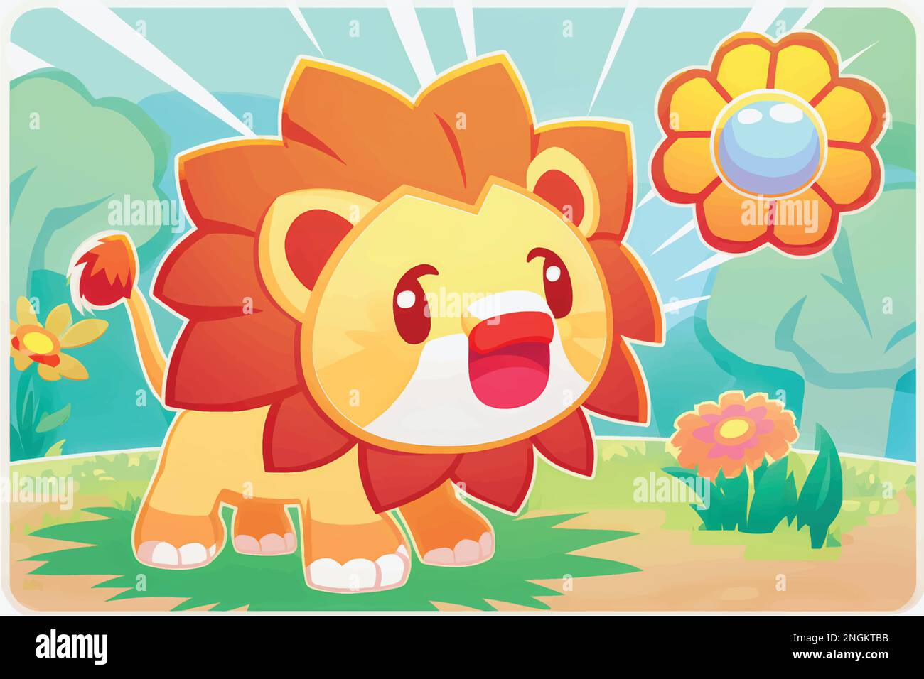 This playful illustration of a friendly lion with a nature background ...