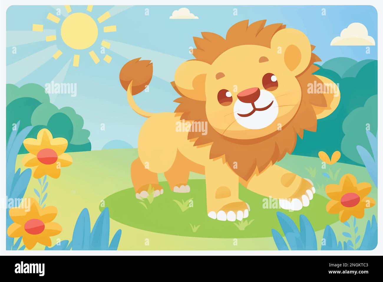 This playful illustration of a friendly lion with a nature background ...