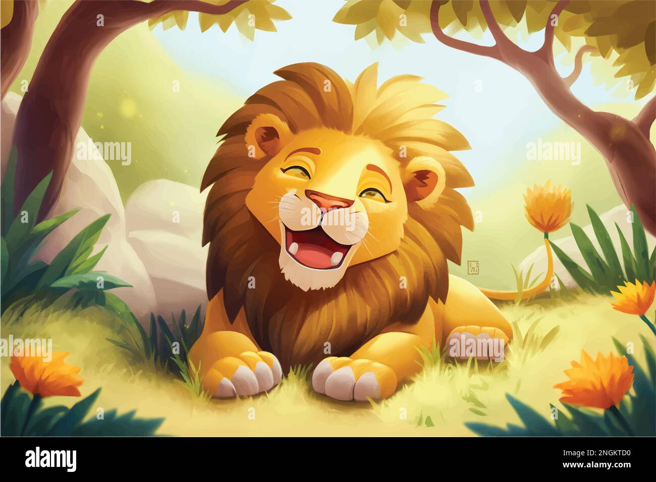 This playful illustration of a friendly lion with a nature background ...