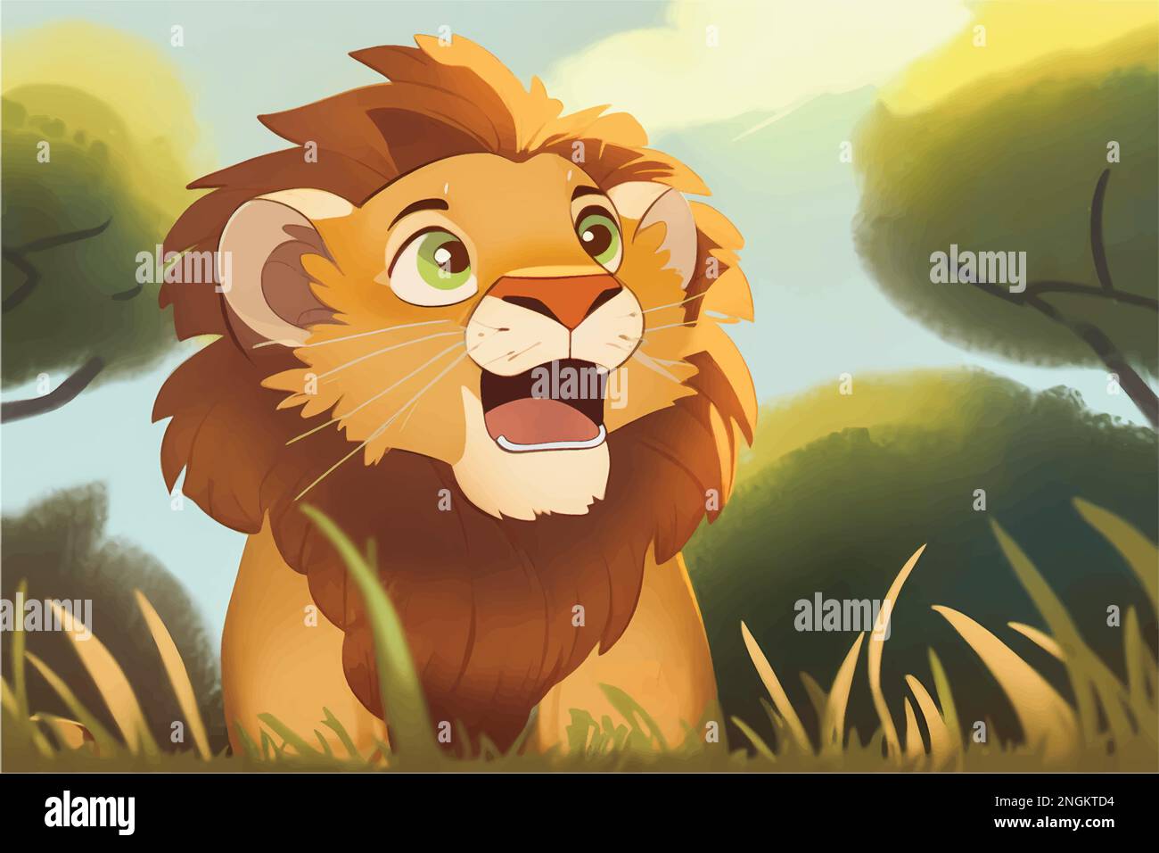 This playful illustration of a friendly lion with a nature background ...