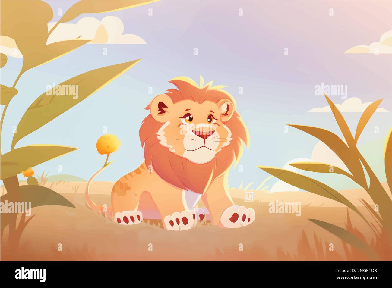 This playful illustration of a friendly lion with a nature background ...