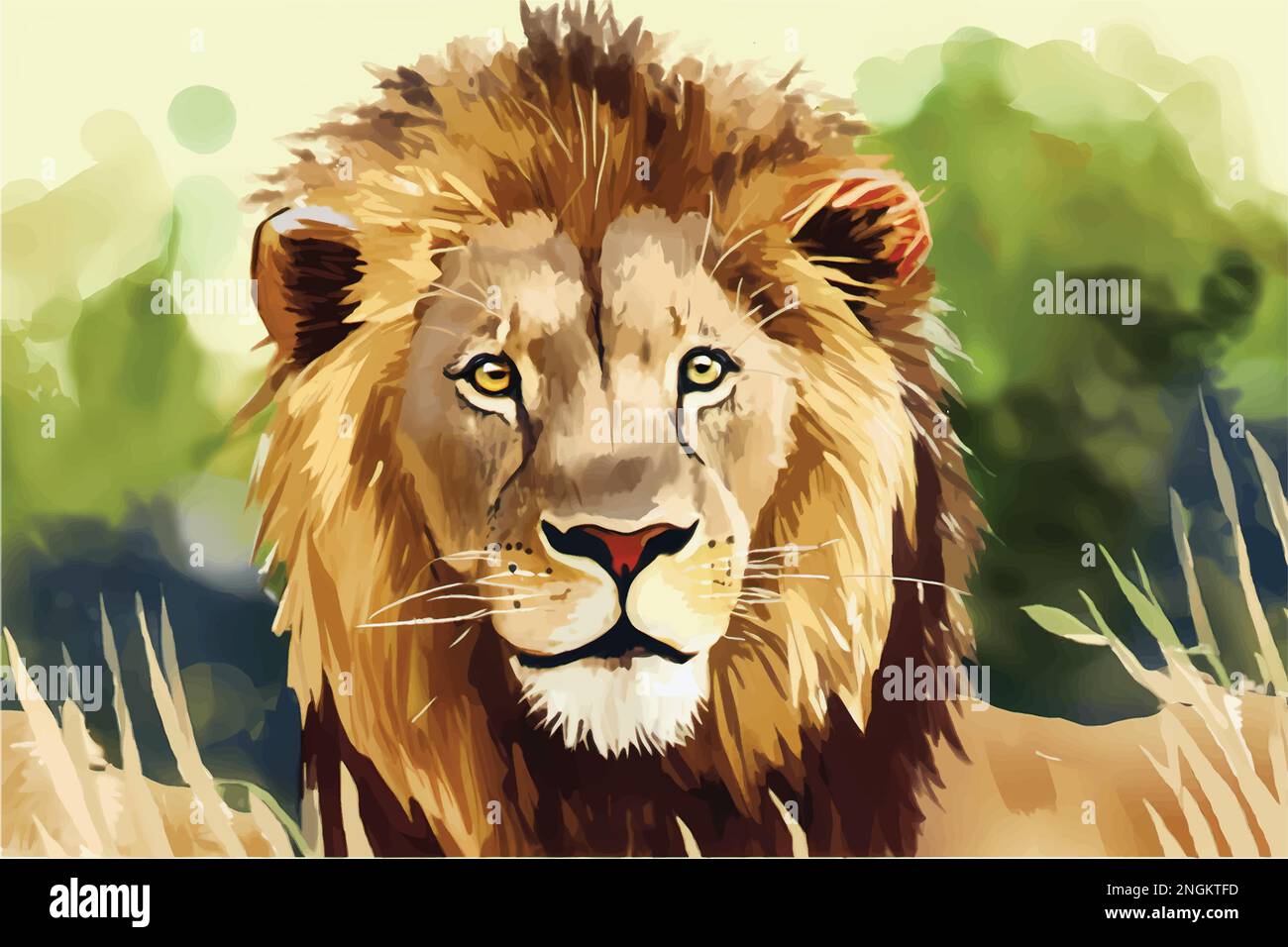 This playful illustration of a friendly lion with a nature background ...