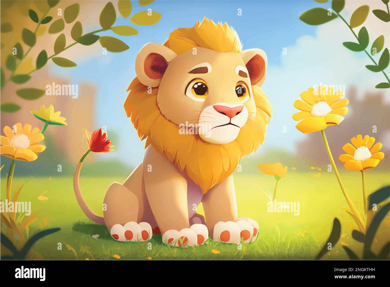 This playful illustration of a friendly lion with a nature background ...
