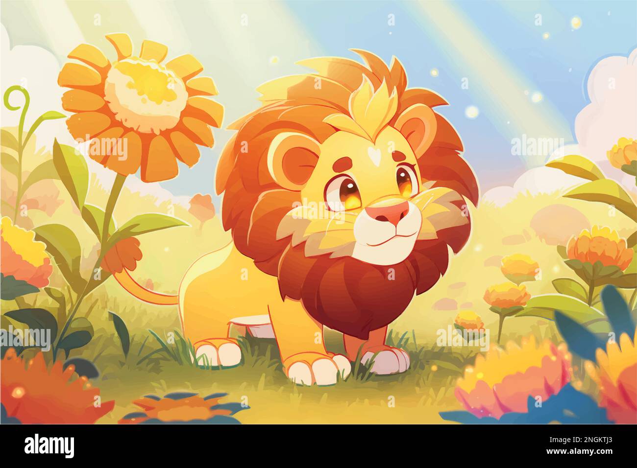 This playful illustration of a friendly lion with a nature background ...