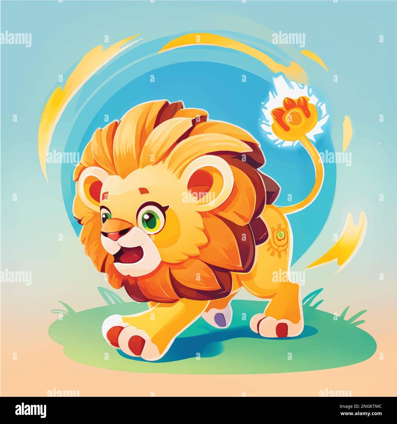 This playful illustration of a friendly lion with a nature background ...
