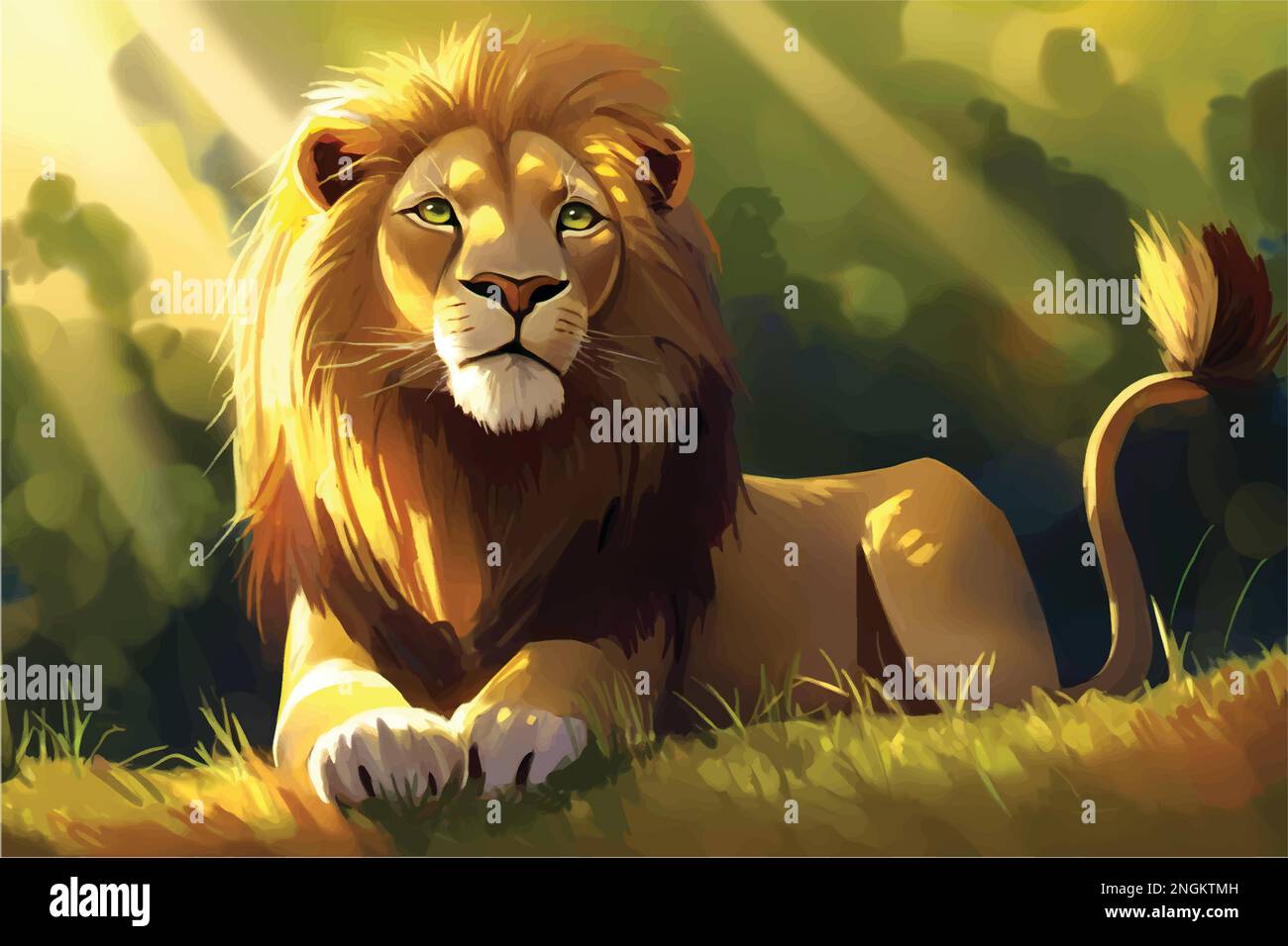 This playful illustration of a friendly lion with a nature background ...
