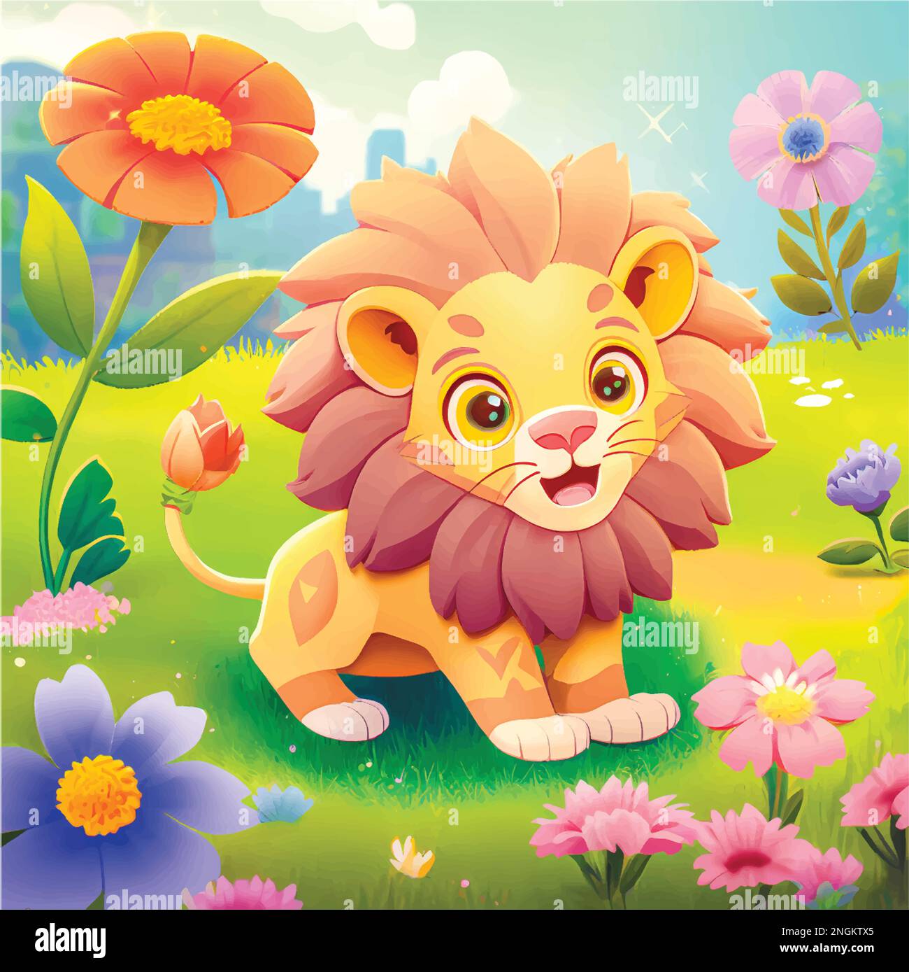This playful illustration of a friendly lion with a nature background ...