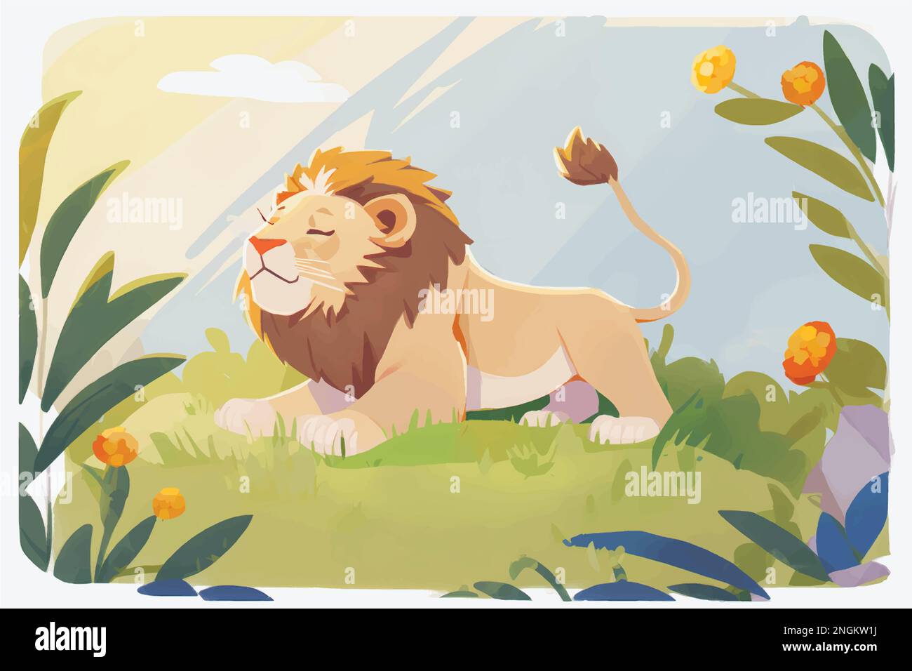 This playful illustration of a friendly lion with a nature background ...