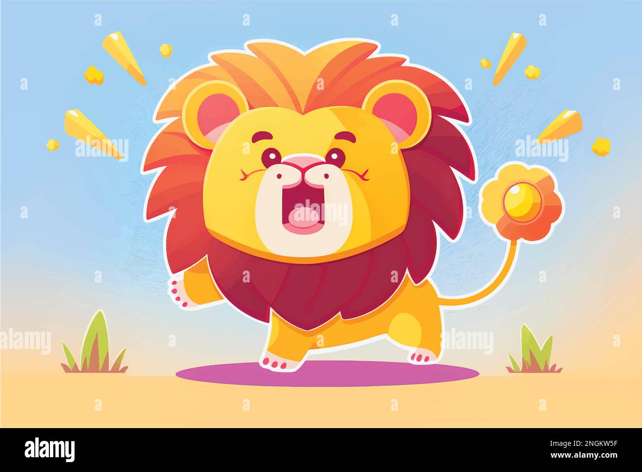 This playful illustration of a friendly lion with a nature background ...