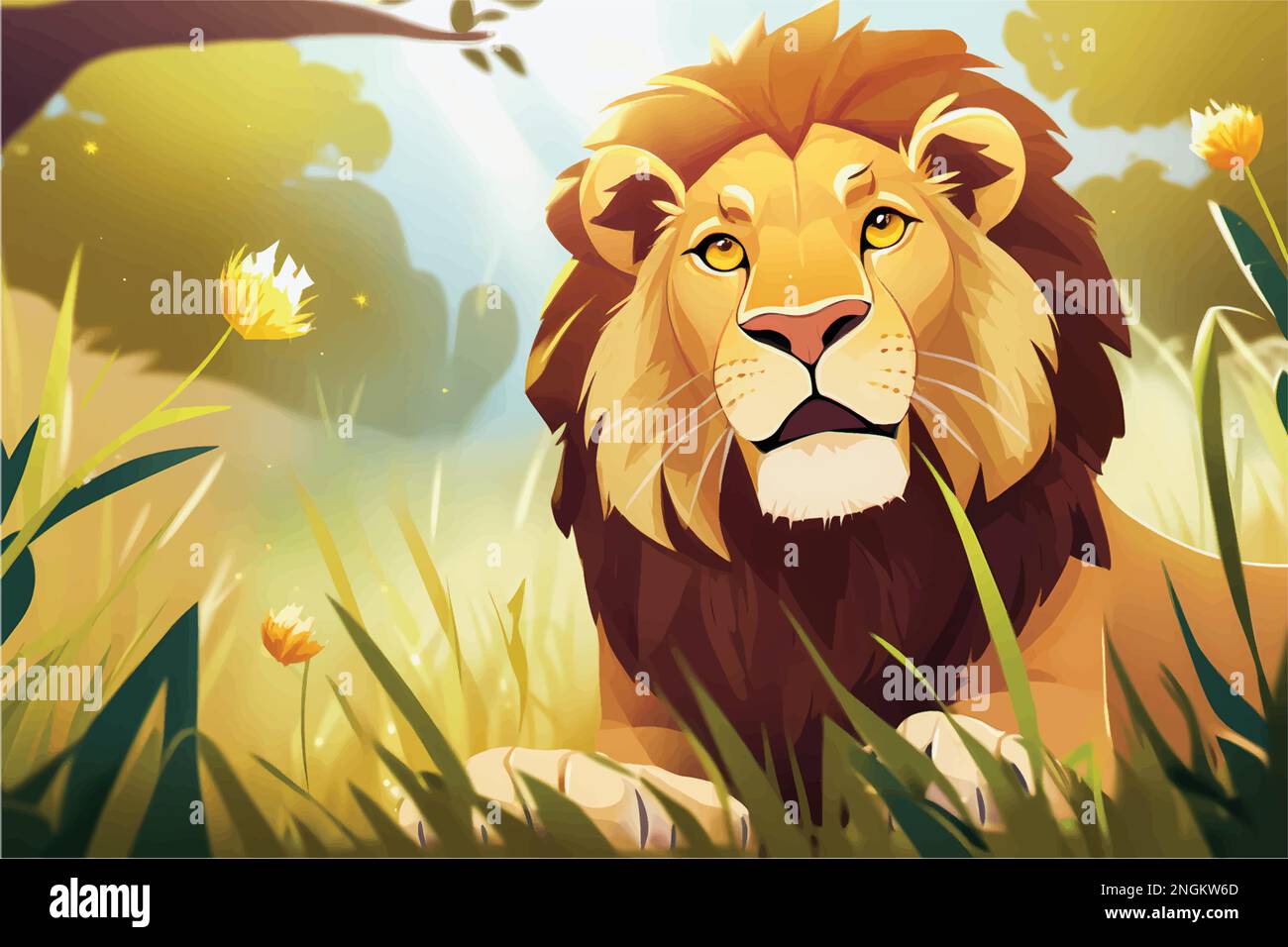 This playful illustration of a friendly lion with a nature background ...