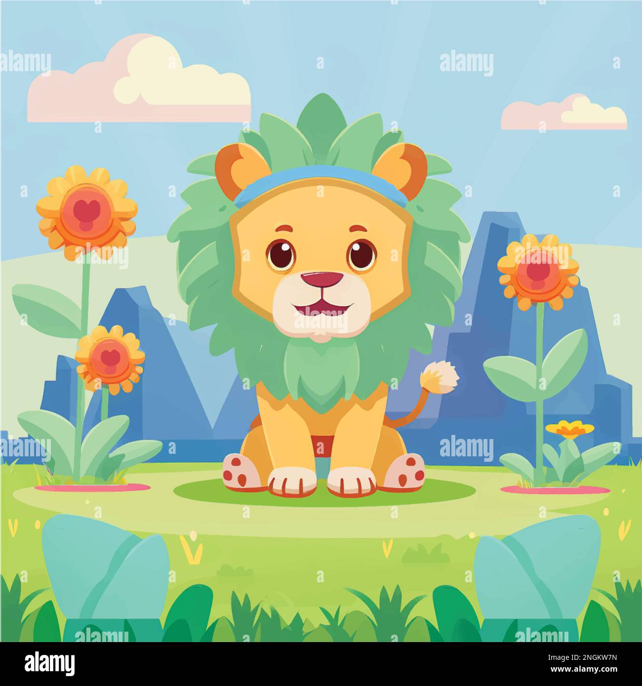 This playful illustration of a friendly lion with a nature background ...