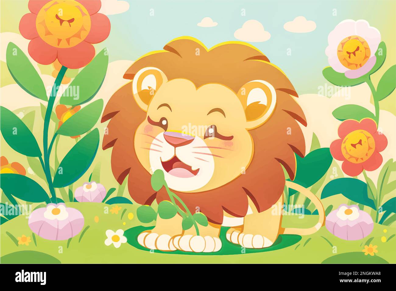 This playful illustration of a friendly lion with a nature background ...