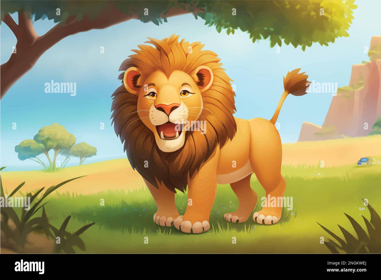 This playful illustration of a friendly lion with a nature background ...