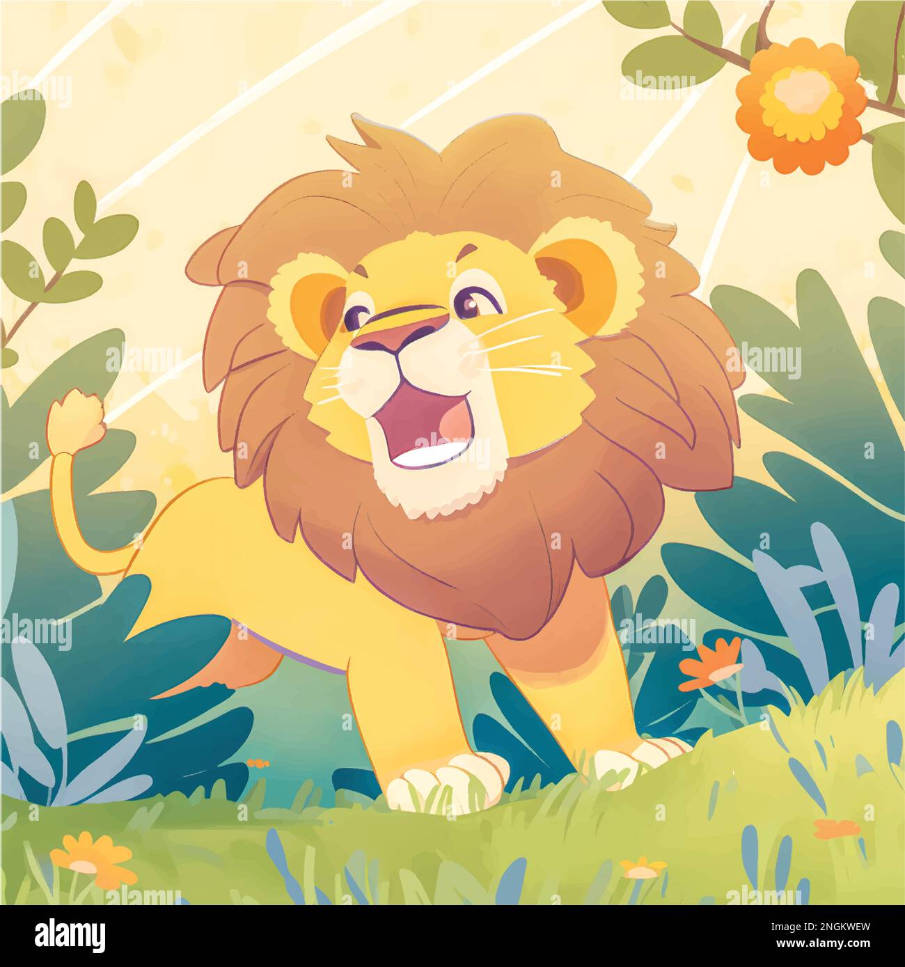This playful illustration of a friendly lion with a nature background ...