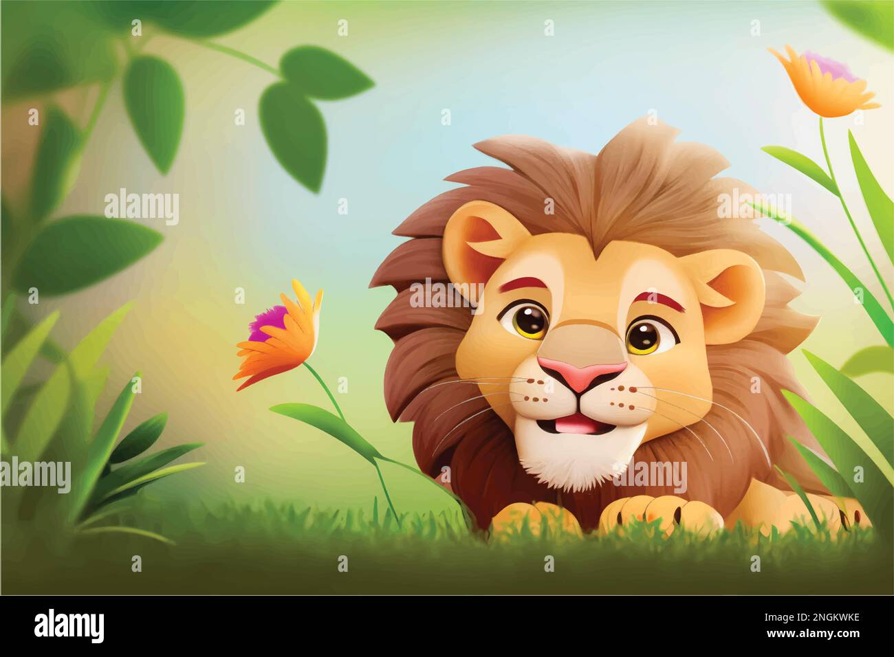 This playful illustration of a friendly lion with a nature background ...