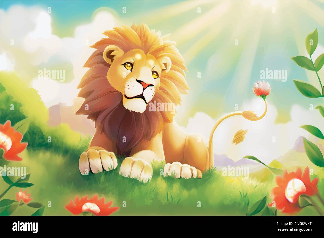 This playful illustration of a friendly lion with a nature background ...