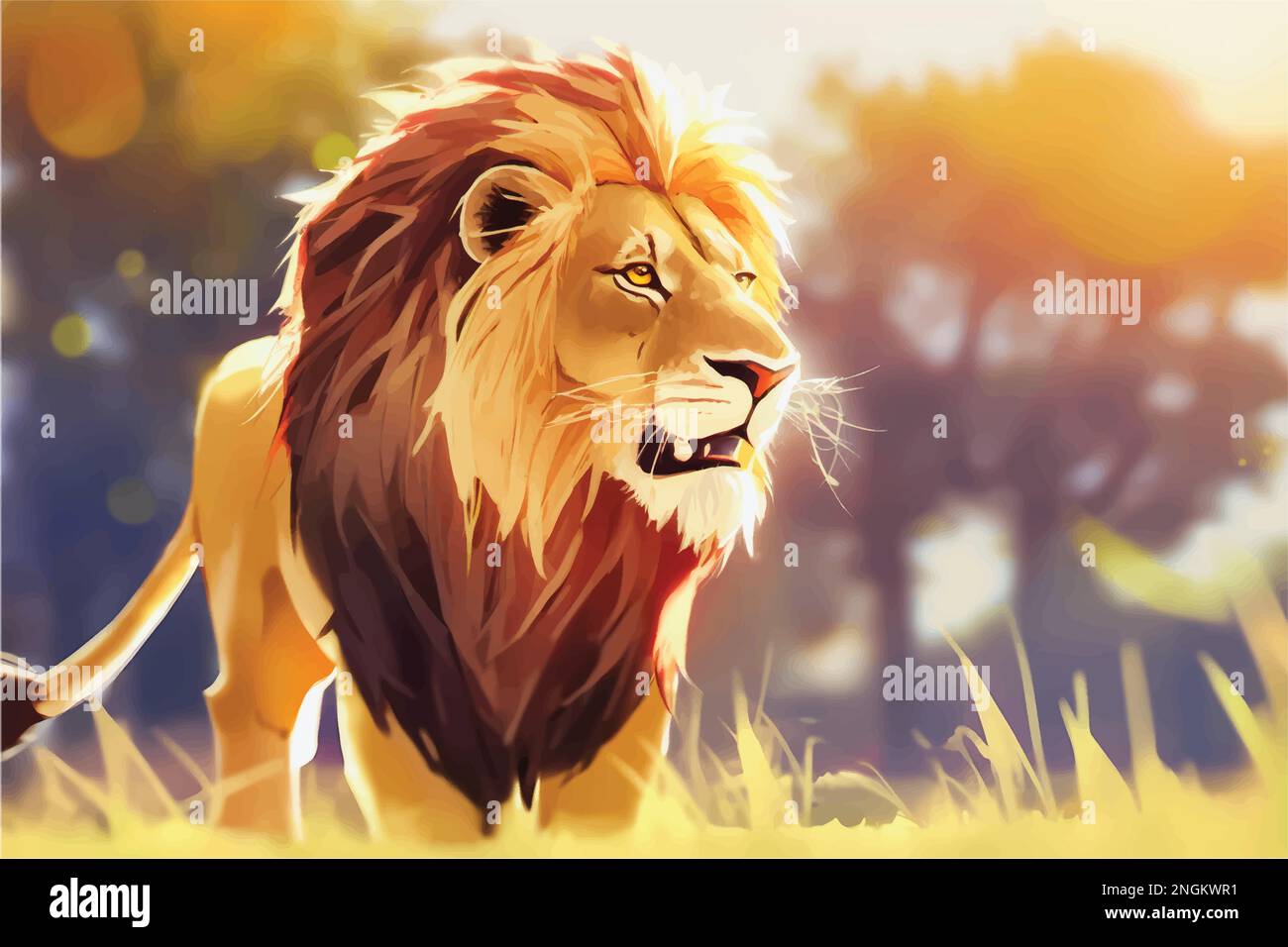 This playful illustration of a friendly lion with a nature background ...