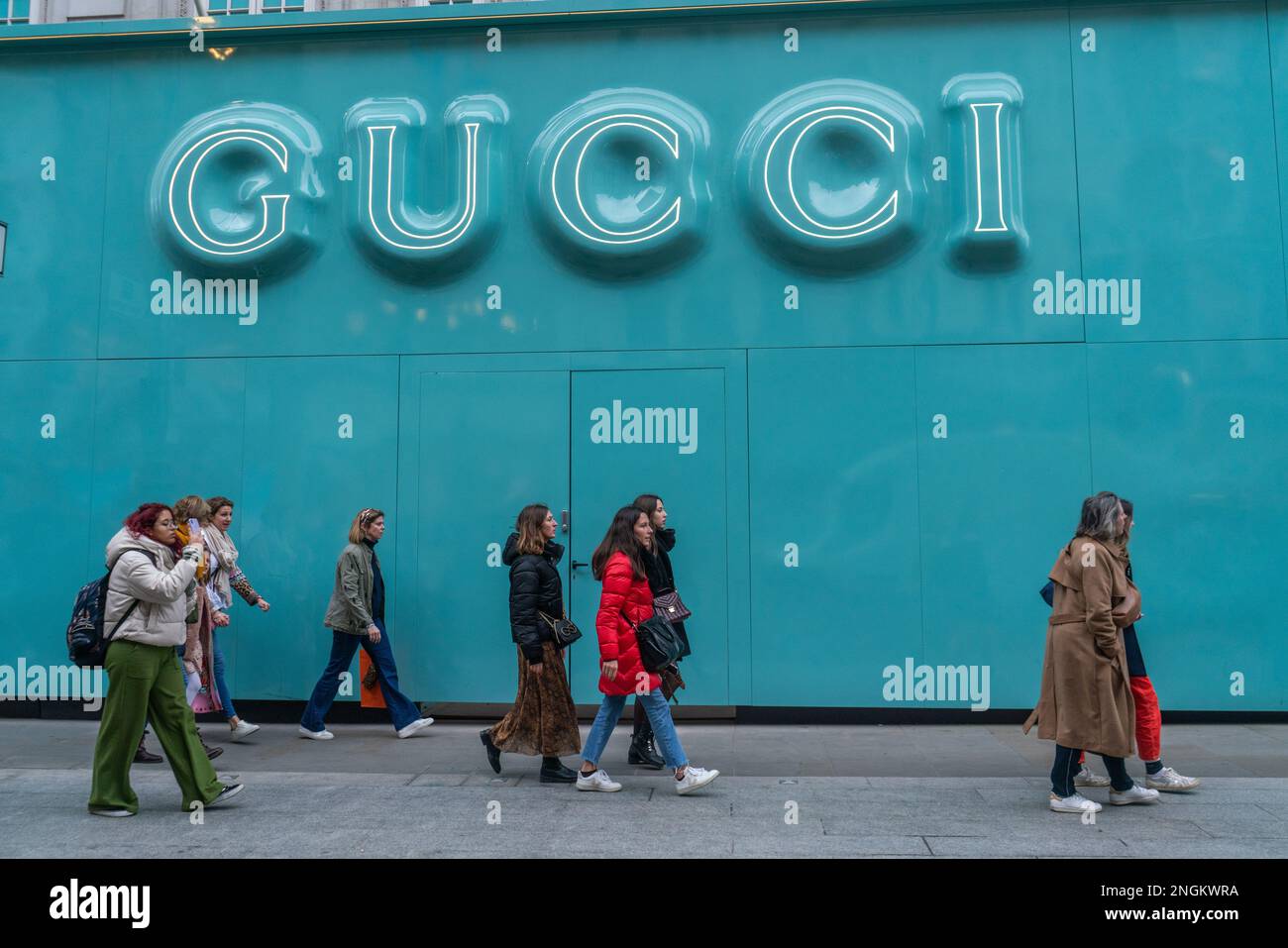 London, UK. 18 February 2023. The large signage of the Gucci flagship ...