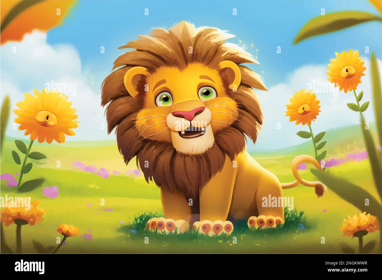 This playful illustration of a friendly lion with a nature background ...