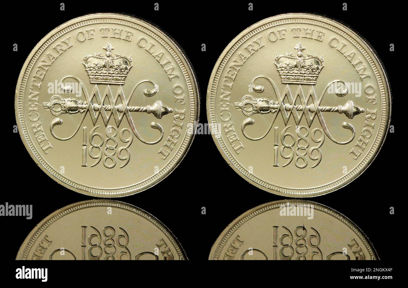 Reverse side of a 1989 £2 coin commemorating the Tercentenary of the ...