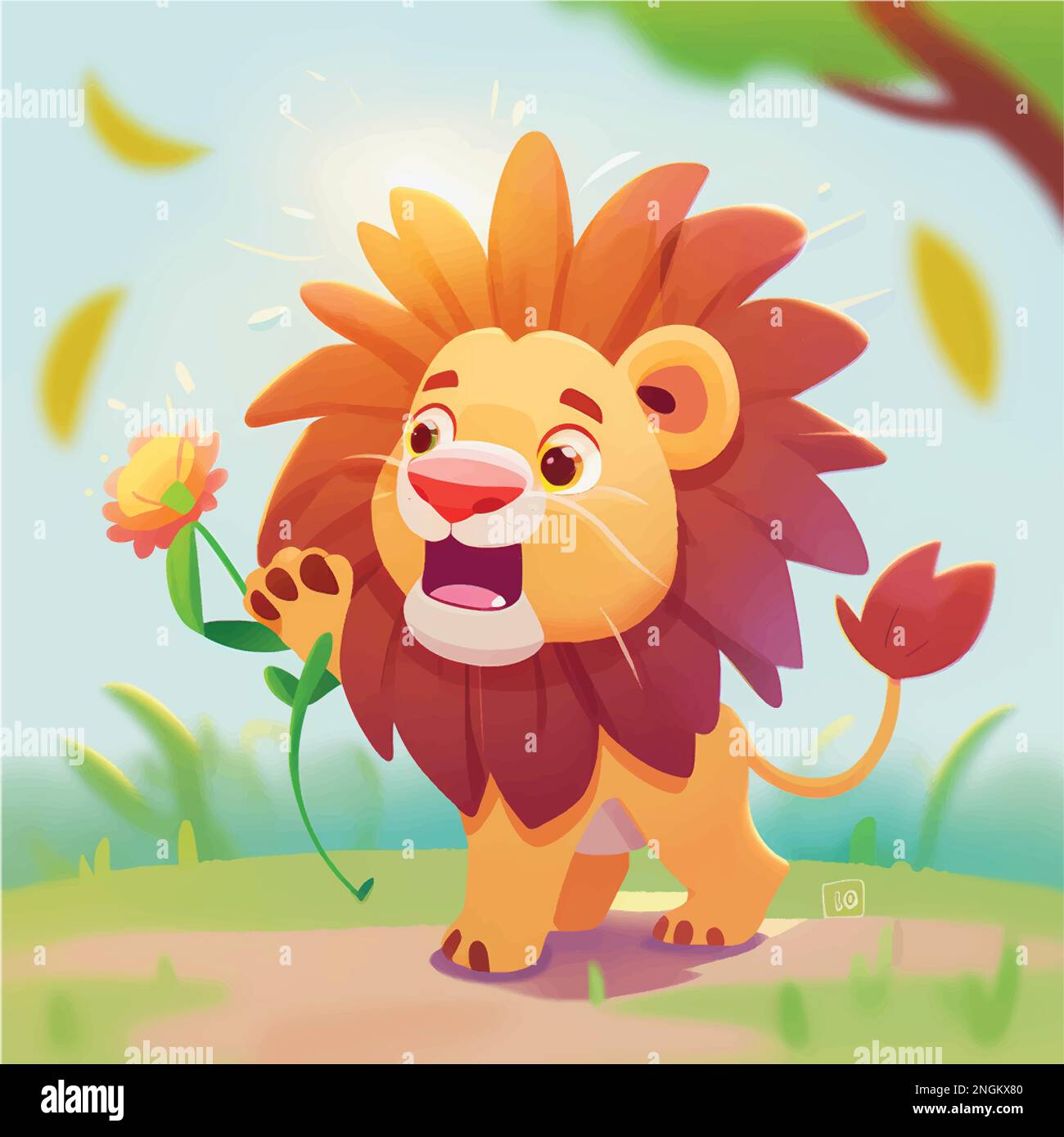 This playful illustration of a friendly lion with a nature background ...