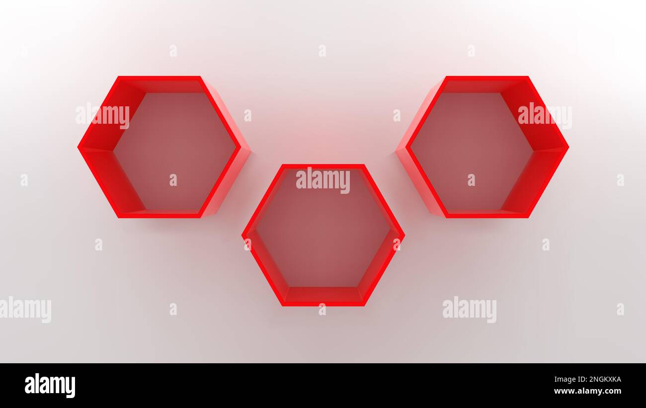 Empty red hexagon shelves on white wall 3D mockup Stock Vector Image ...