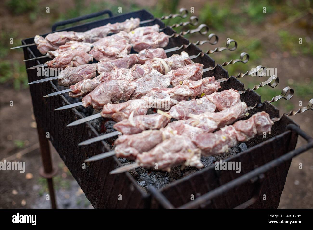 pork shish kebab is fried on skewers, on a homemade grill. shallow ...