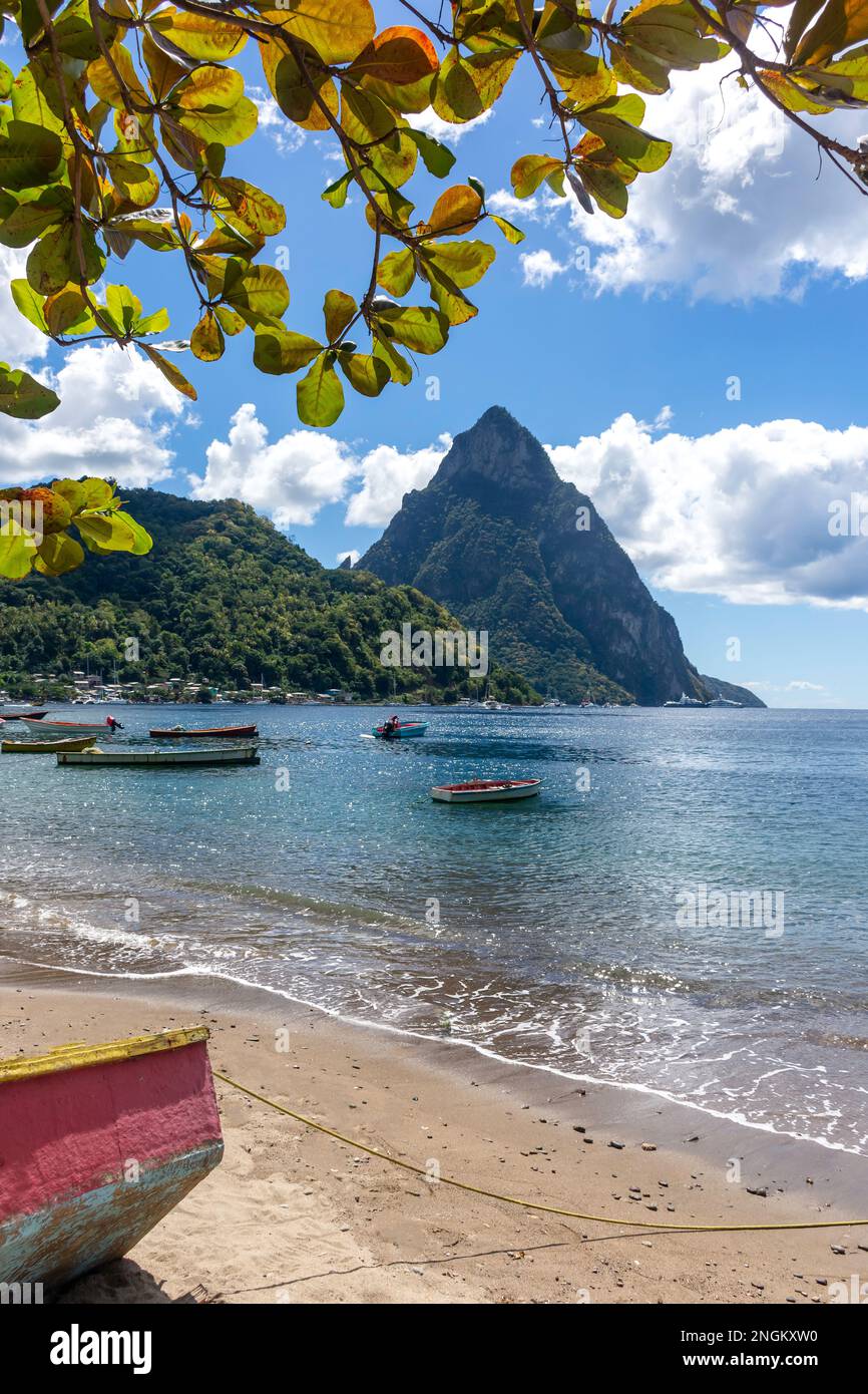 View of The Pitons from beach of Soufrière, Soufrière District, Saint ...