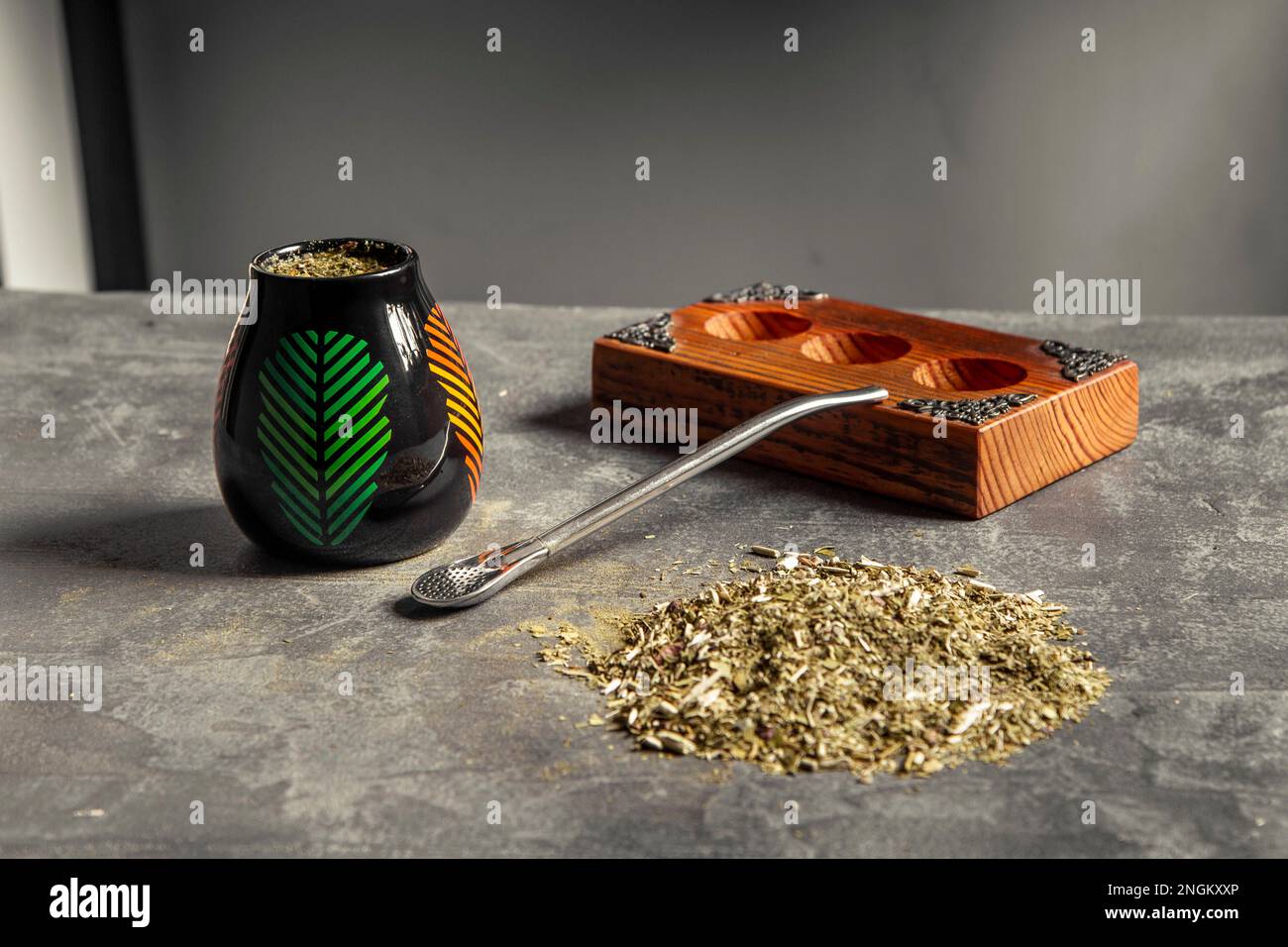 traditional drink yerba mate in a ceramic gourd cup with steel metal ...