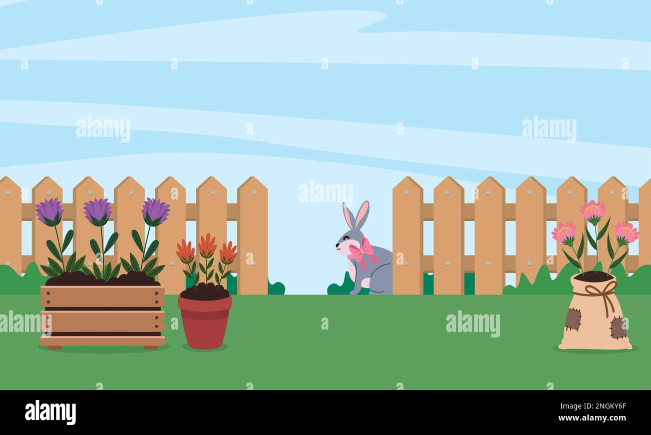 rabbit in garden with fence Stock Vector Image & Art - Alamy