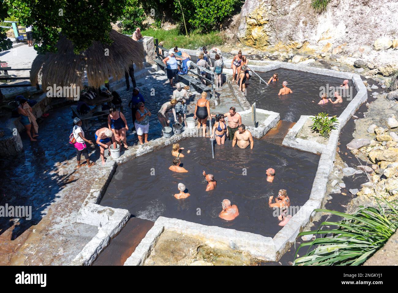 Mud baths at Sulphur Springs geothermal area, Malgretoute, Soufrière ...