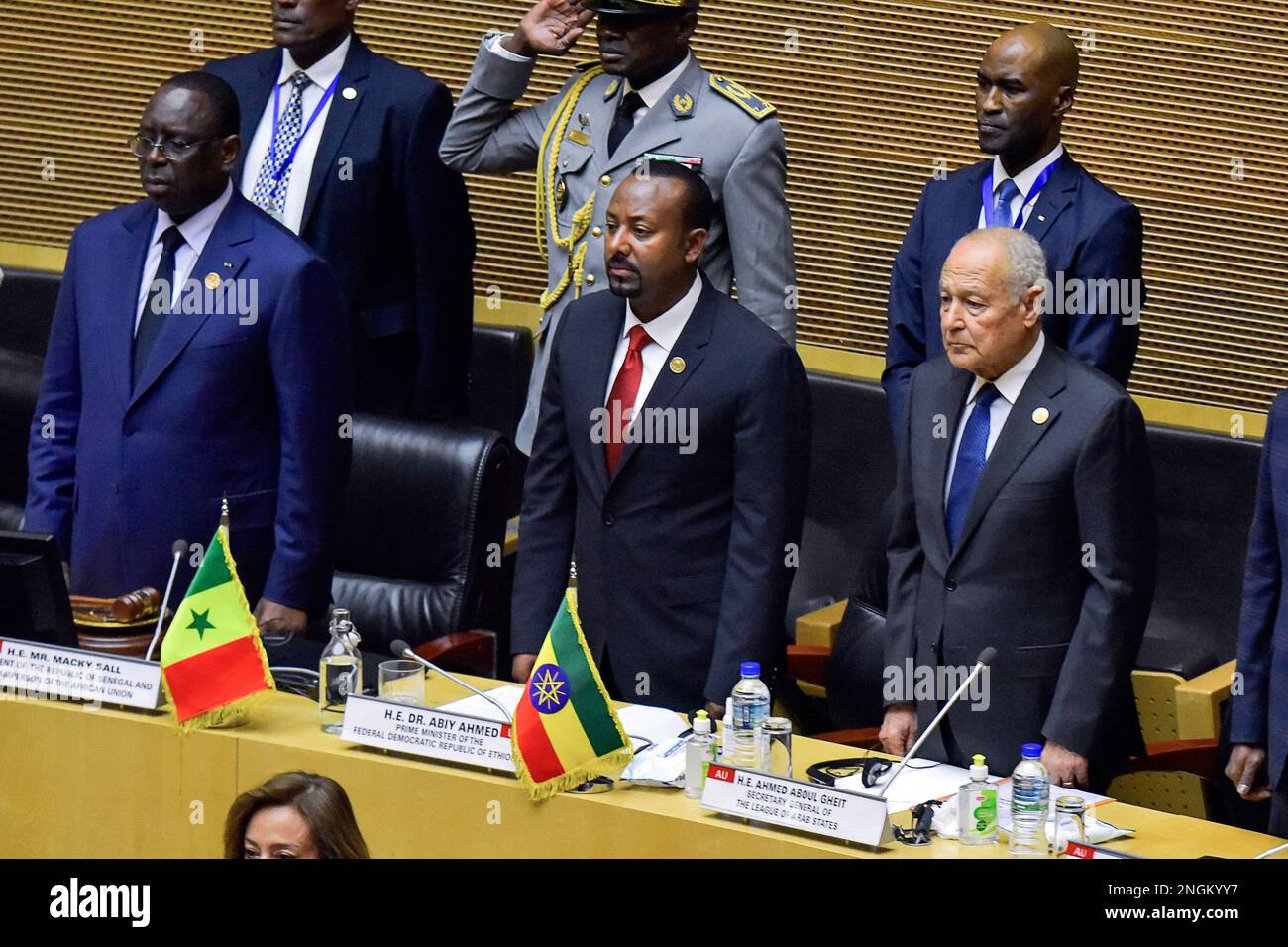 From left, Senegal President Macky Sall, Ethiopia President Abiy Ahmed, and Secretary-General of ...