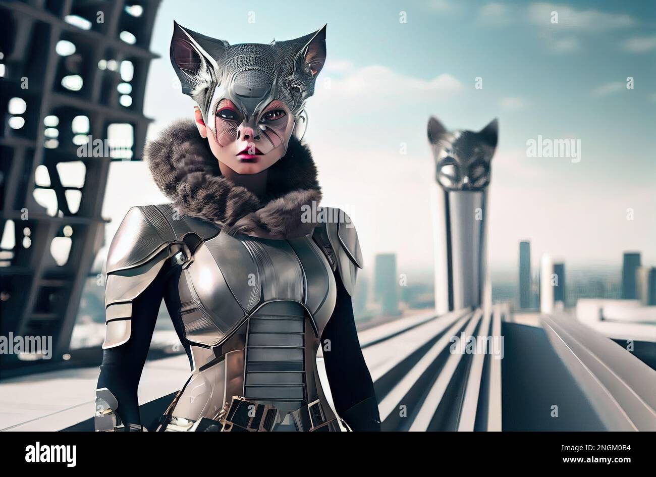 Modern female cat concept in futuristic city background, fantasy, on ...