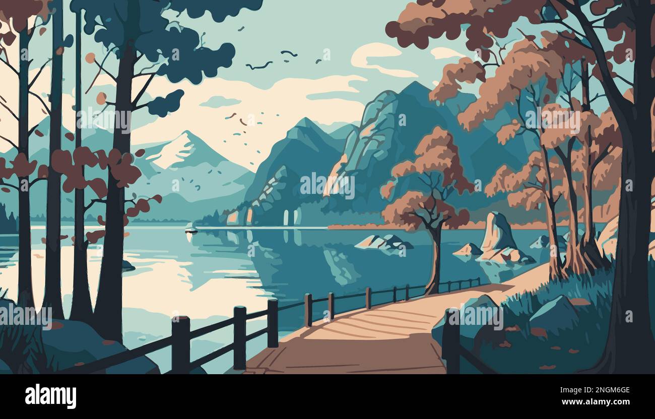Bridge on the lake with mountain landscapes in the background ...