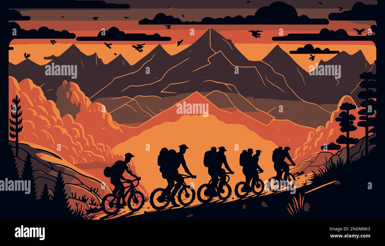 A group of cyclists in the mountains at sunset. Cycling race against ...