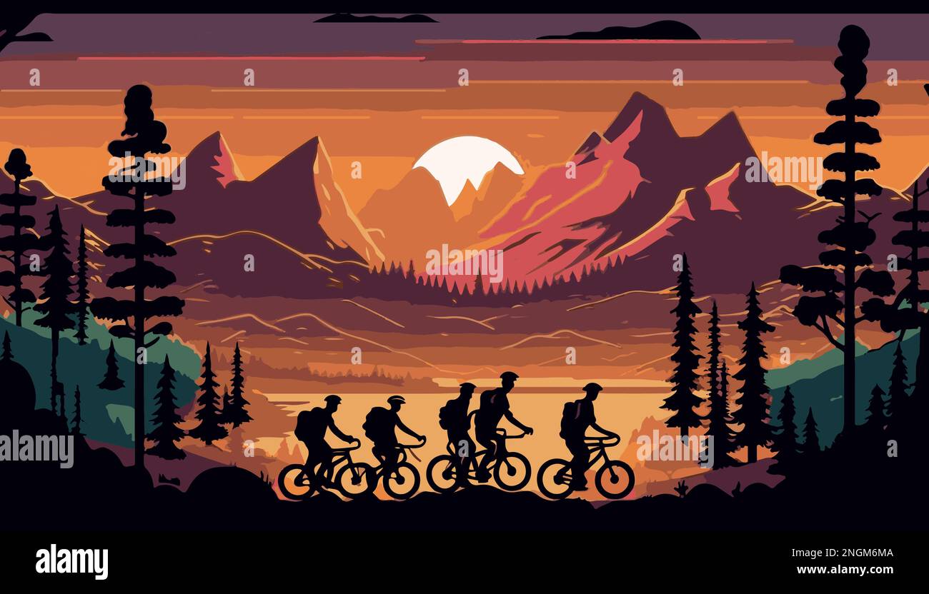 A group of cyclists in the mountains at sunset. Cycling race against ...