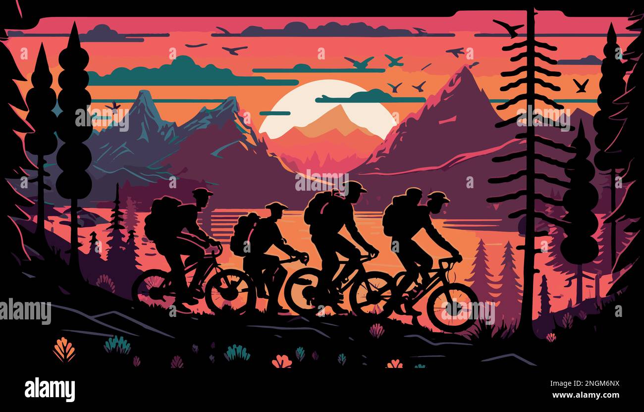 A group of cyclists in the mountains at sunset. Cycling race against ...