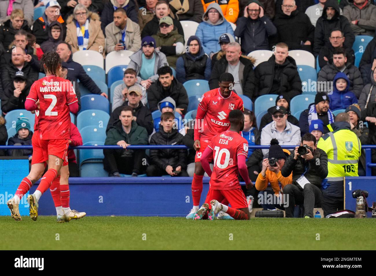 Mohamed Eisa #10 of MK Dons celebrates after scoring to make it 1-2 ...