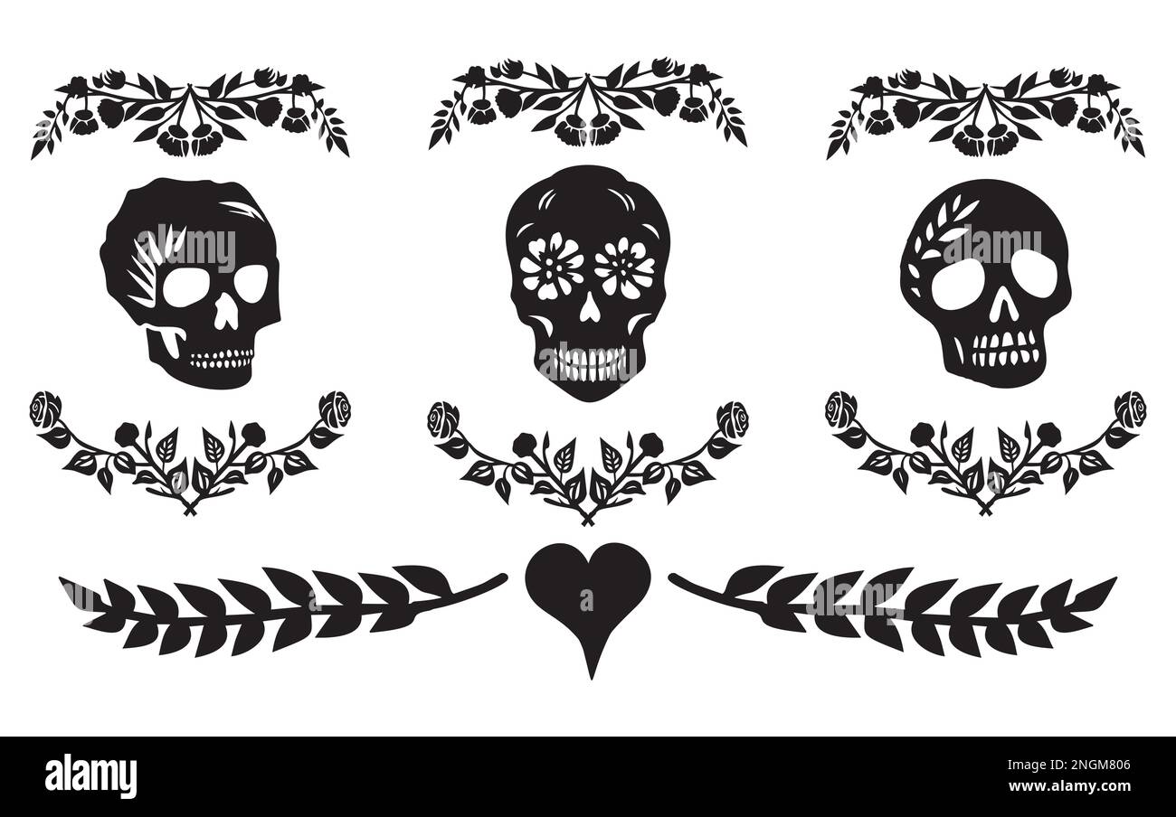 Set of macabre botanical skulls vector motif. Illustration of anatomy ...