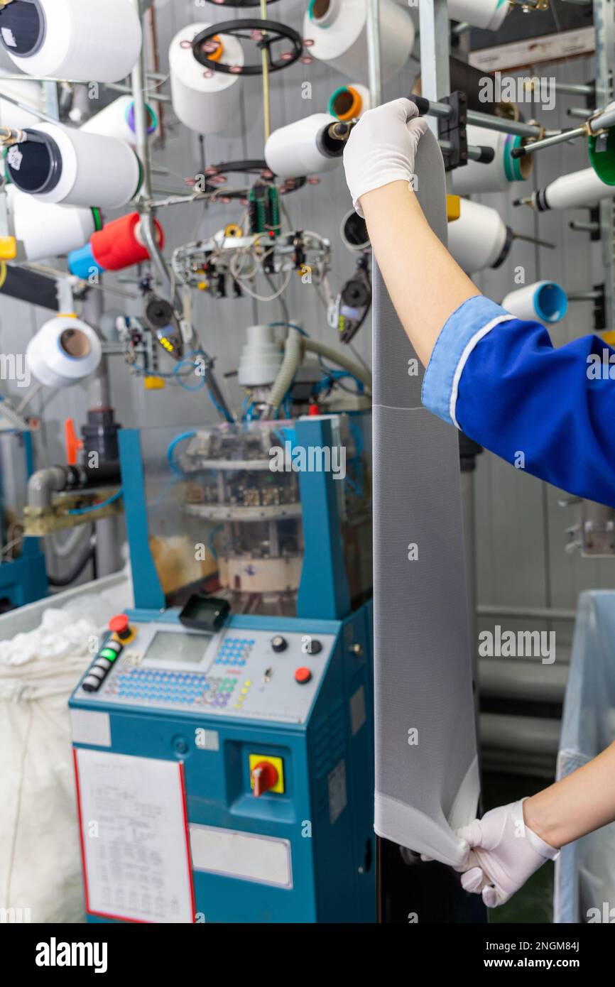 A female employee performs visual quality control of hosiery. Even high ...