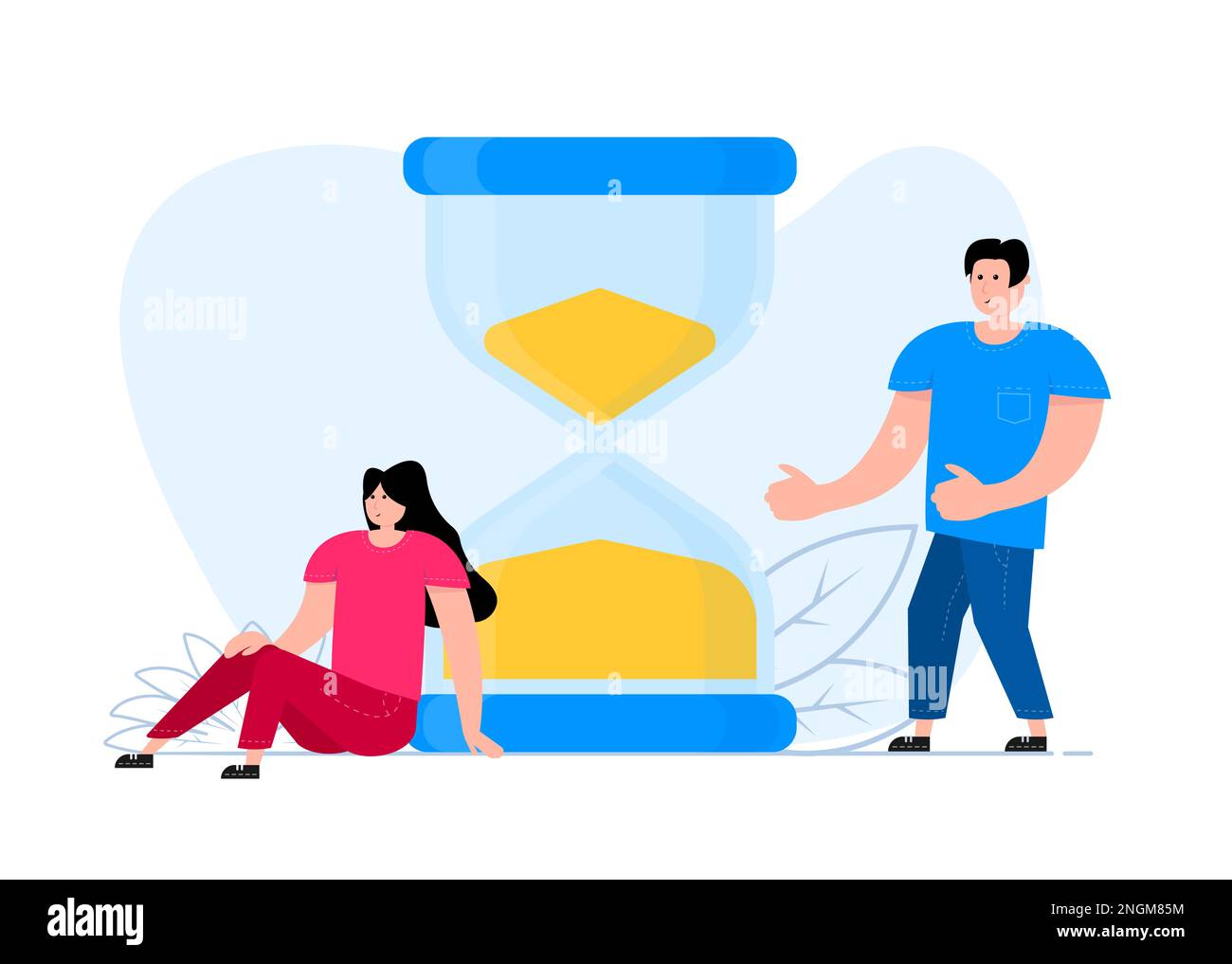 Man and woman stand near hourglass, alarm clock. Team working. Time ...