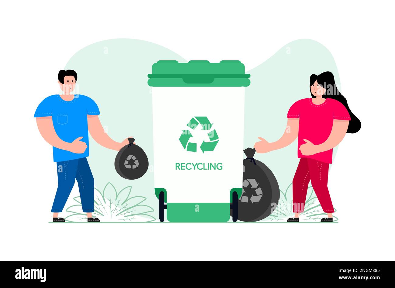 Man and woman standing next to a trash can. People sorting garbage. Saving ecology and recycling ...