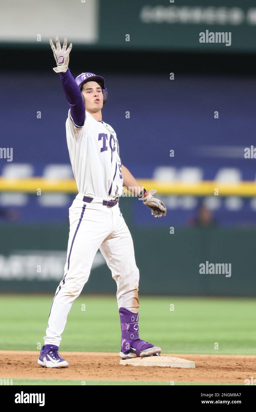 February 17, 2023: TCU infielder Anthony Silva #5 motions to the dug ...