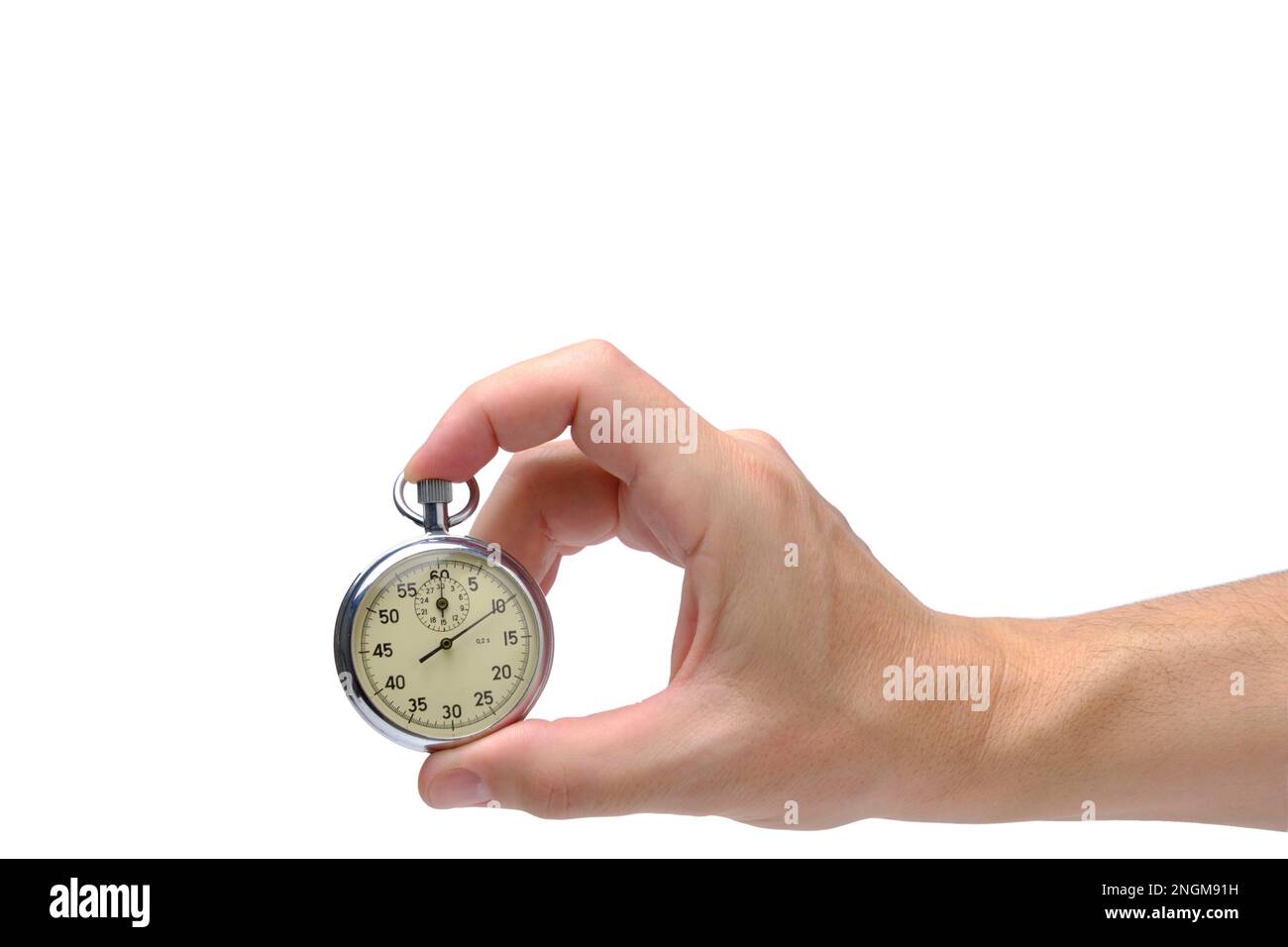 Stopwatch in hand white background Stock Photo - Alamy