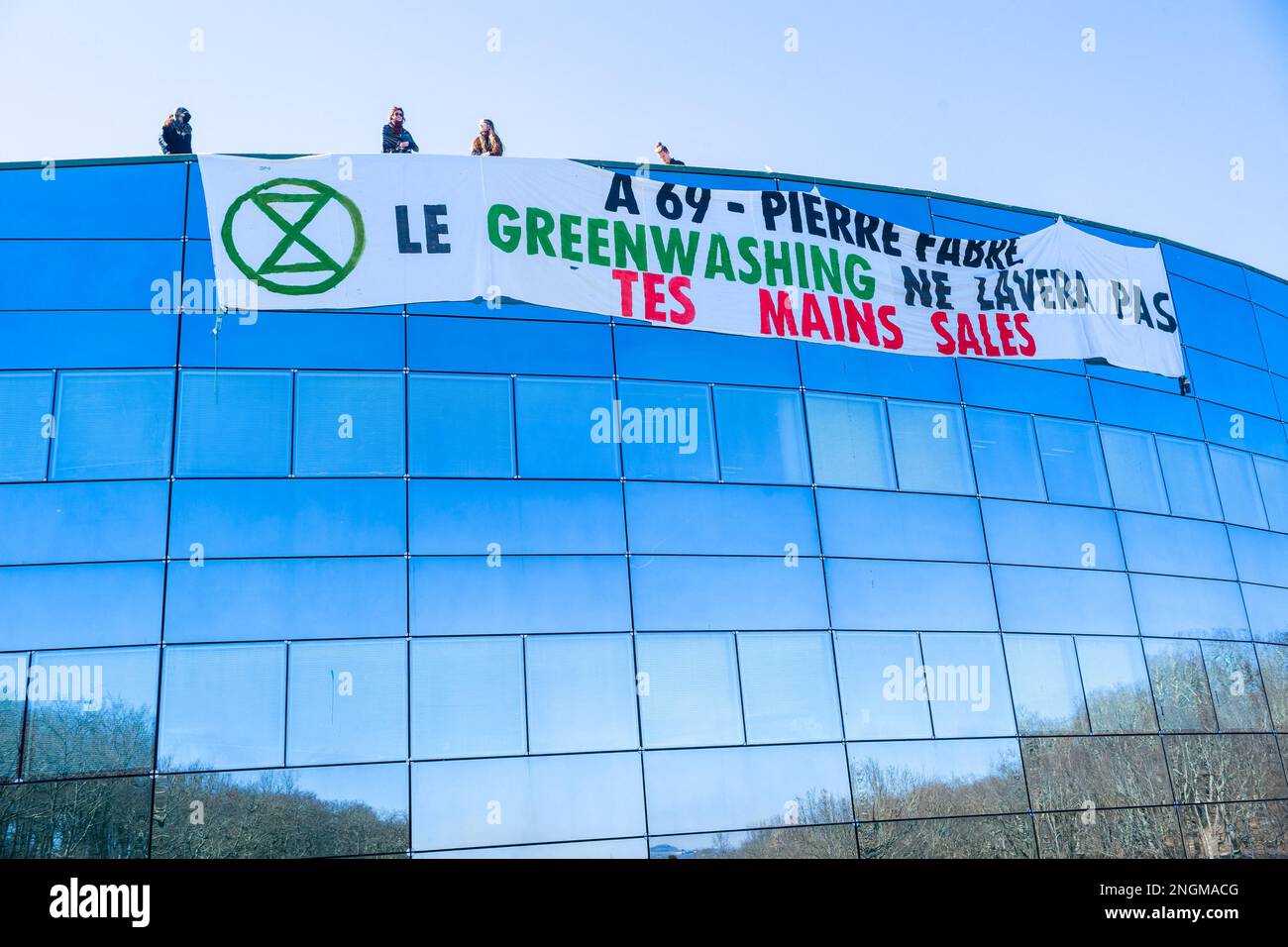 Lavaur, France. 18th Feb, 2023. Banner EX A69 Pierre Fabre and a Stop ...