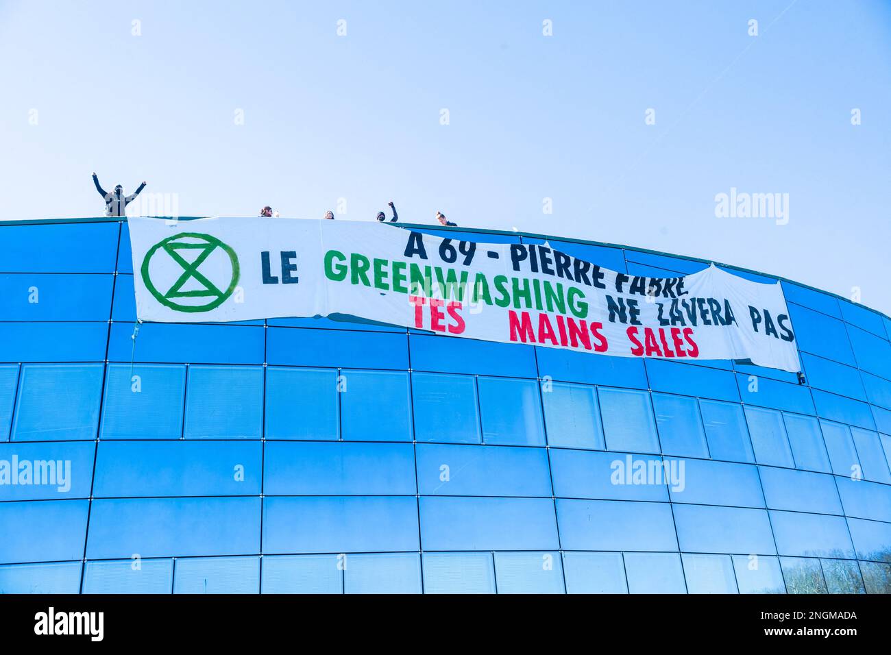 Lavaur, France. 18th Feb, 2023. Banner EX A69 Pierre Fabre and a Stop ...