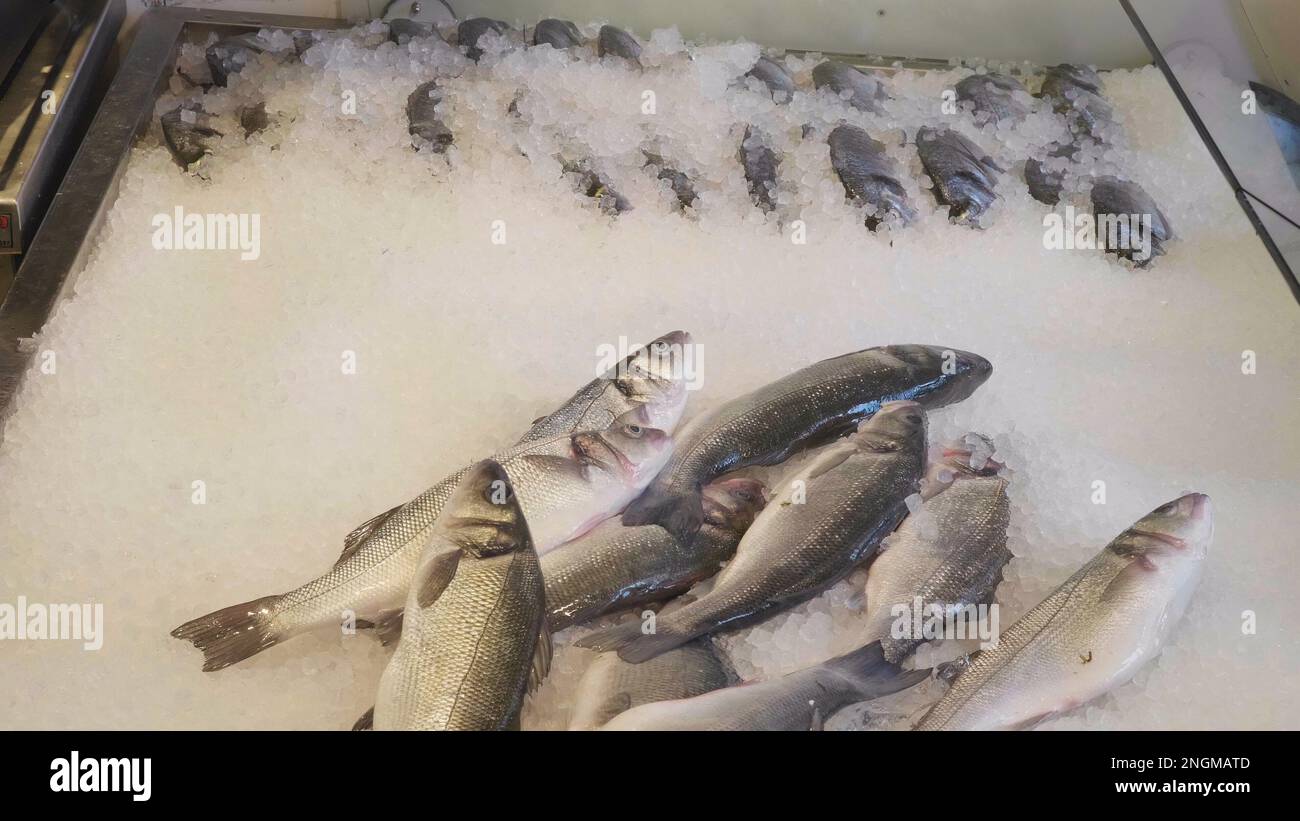 Placing fresh raw fish into ice display for sale Stock Photo - Alamy