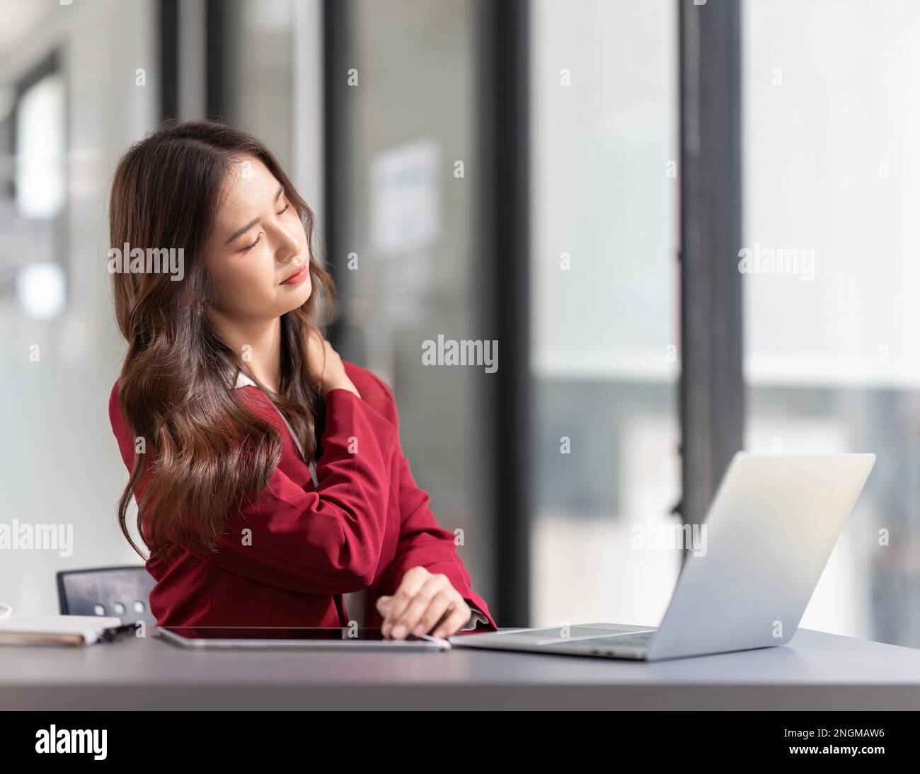 Tired fatigued business woman office worker feeling pain chronic ...