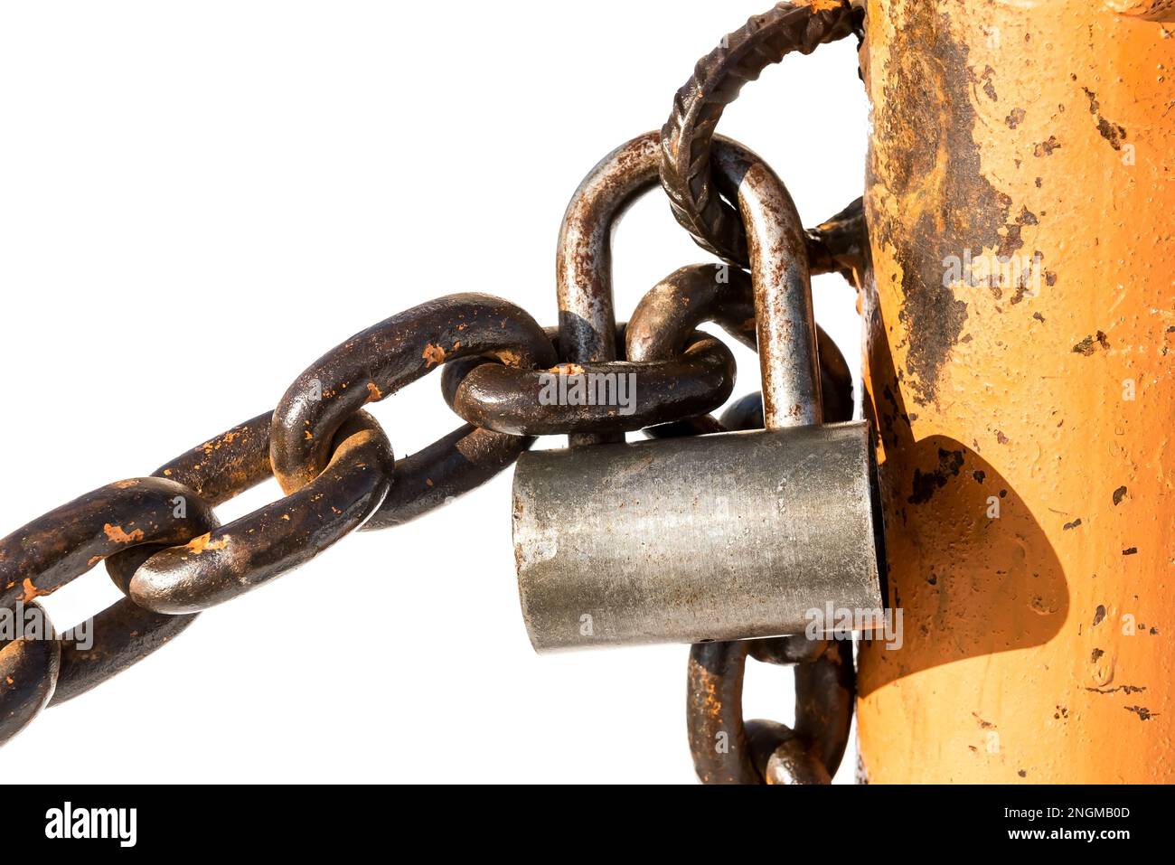 Old rusty padlock shackles a metal chain on a white background Stock ...