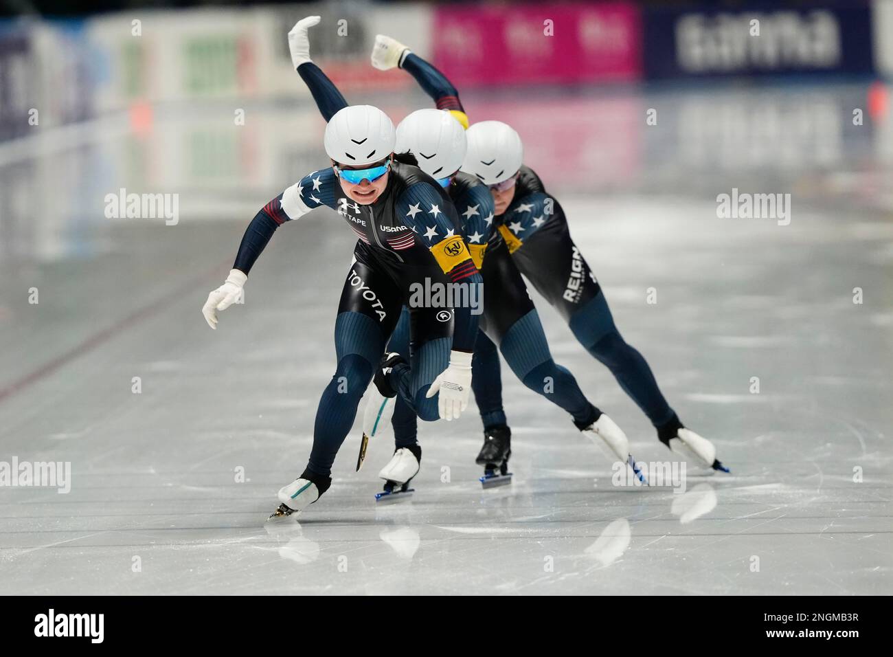 Members of the United States team compete during the Team Sprint Women ...